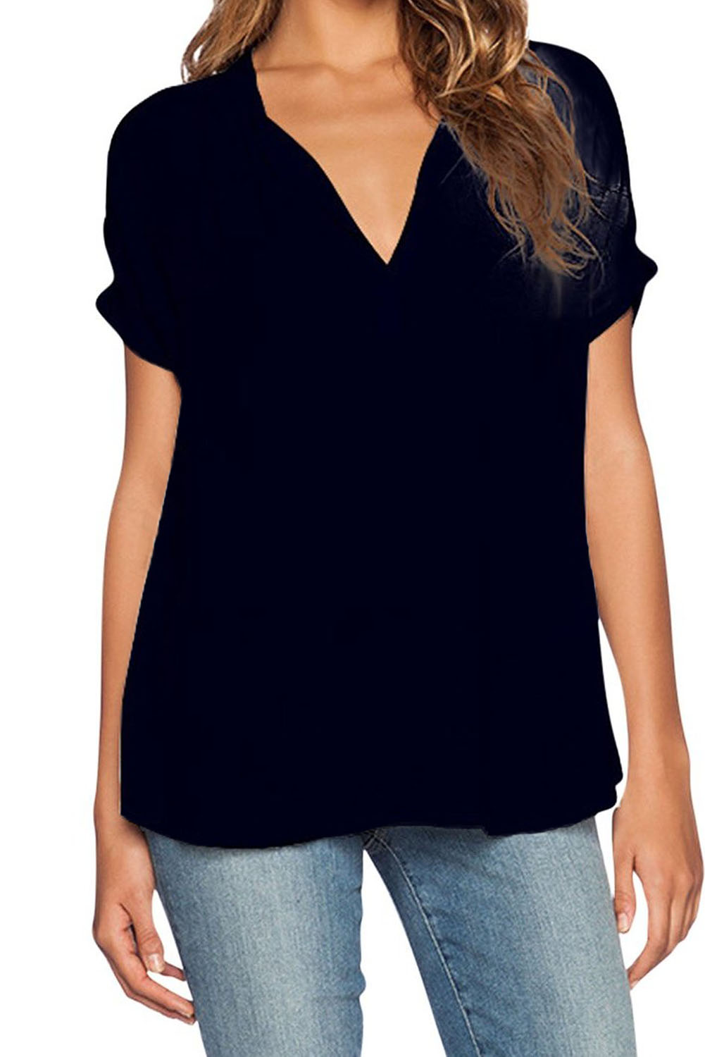 Simple V Neck Short Sleeves Asymmetrical Black Polyester Pullover ... Simple V Neck Short Sleeves Asymmetrical Black Polyester Pullover ...